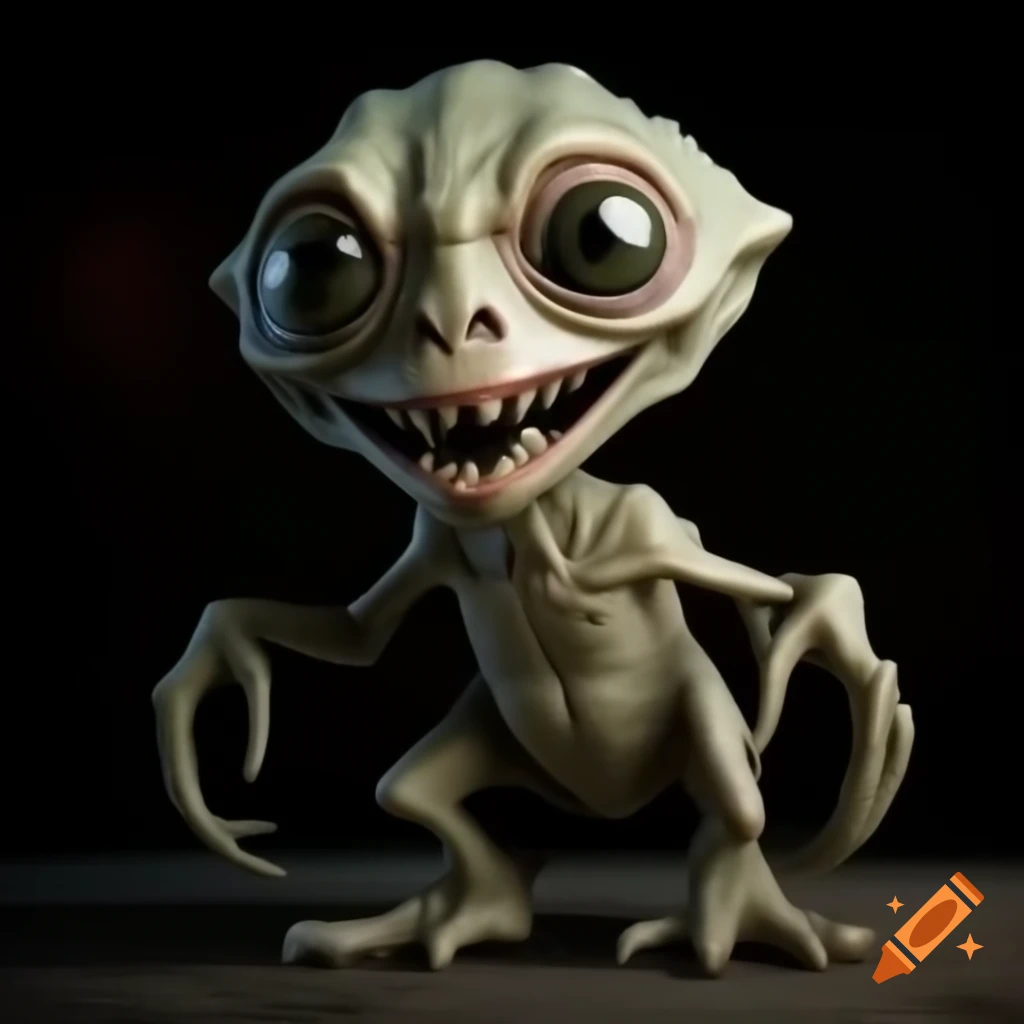 Dwarf alien with sinister smile and sharp teeth in 2/3 body view on Craiyon