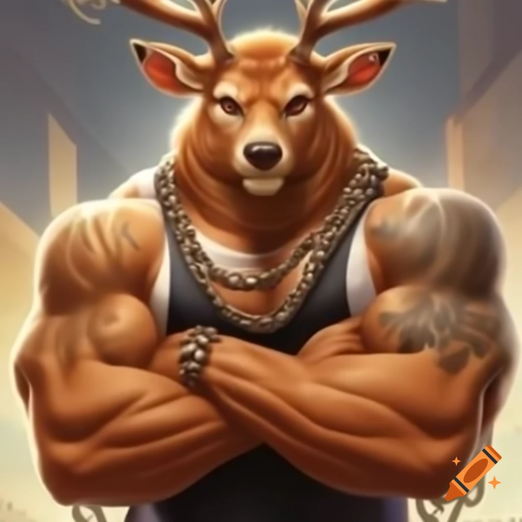 Muscular anthro deer with tattoos and chain flexing on Craiyon