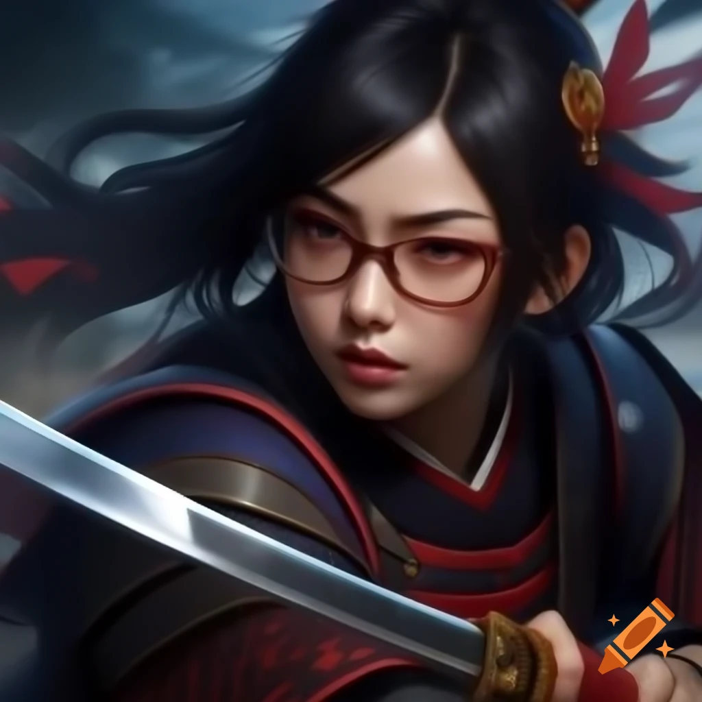 Realistic female Japanese warrior Fumiko in shimmering Samurai armor ...