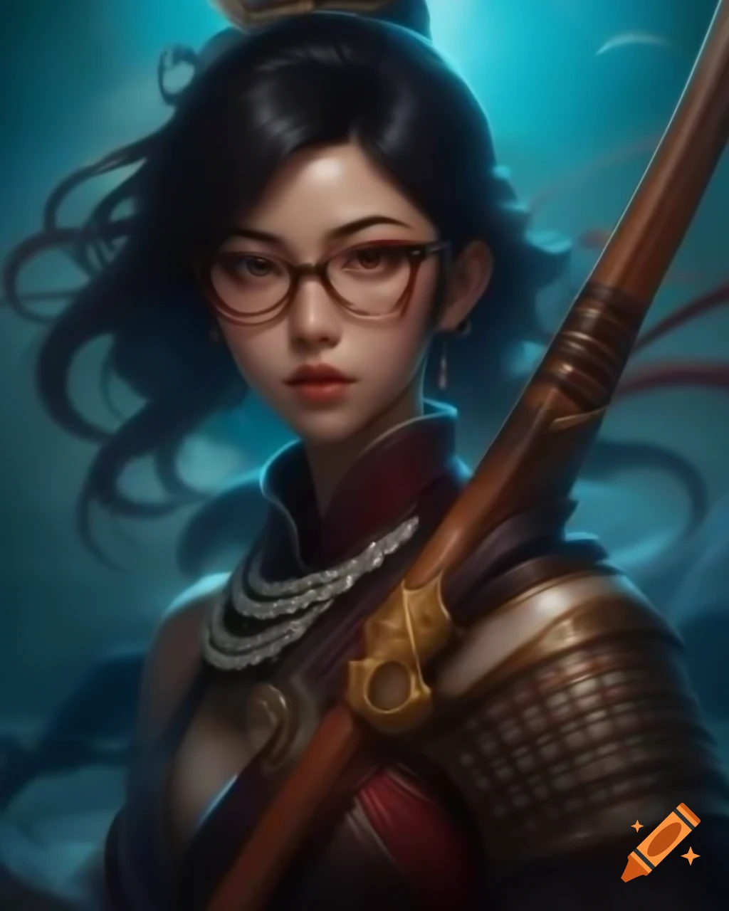 Female Japanese warrior Pearl in shimmering armor wielding longbow and ...