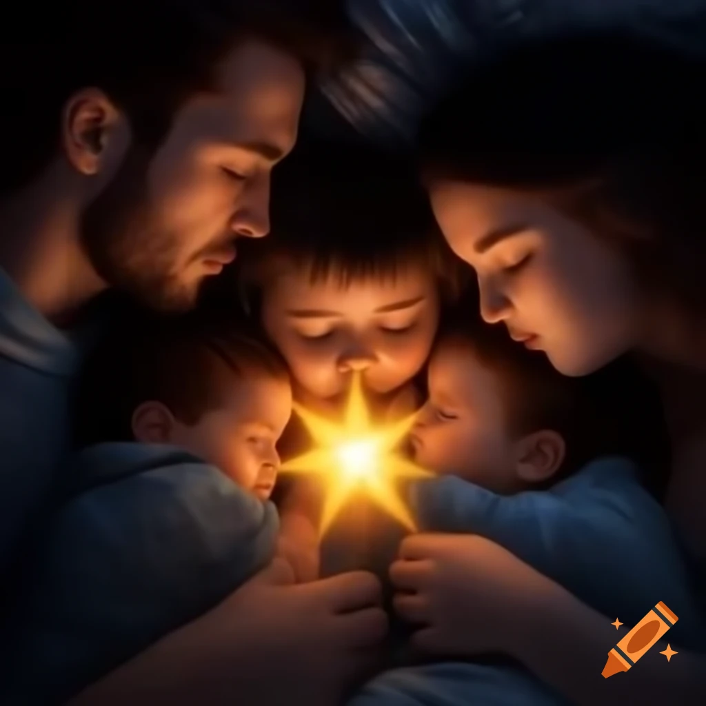 Parents gazing at their child with love, glowing star reflected in ...