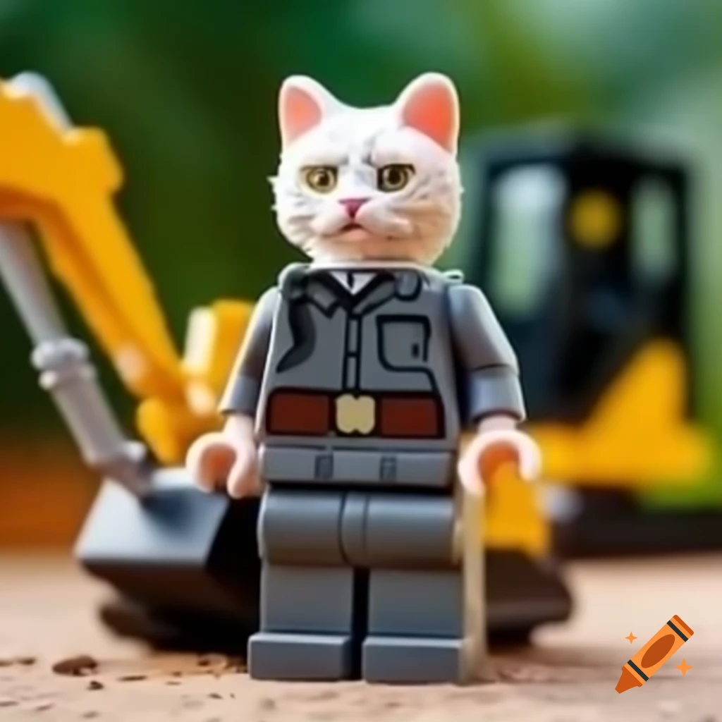 Lego cat figurine in military uniform on Lego digger on Craiyon