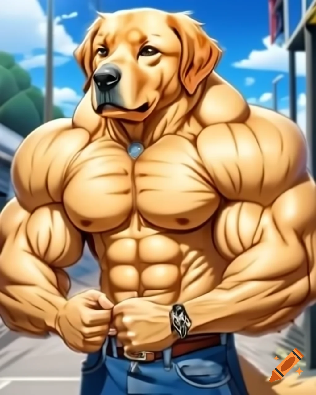 Anime illustration of a tall, muscular anthropomorphic golden retriever ...