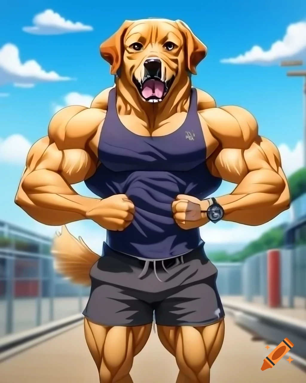Tall anthropomorphic golden retriever flexing bicep in athletic attire ...