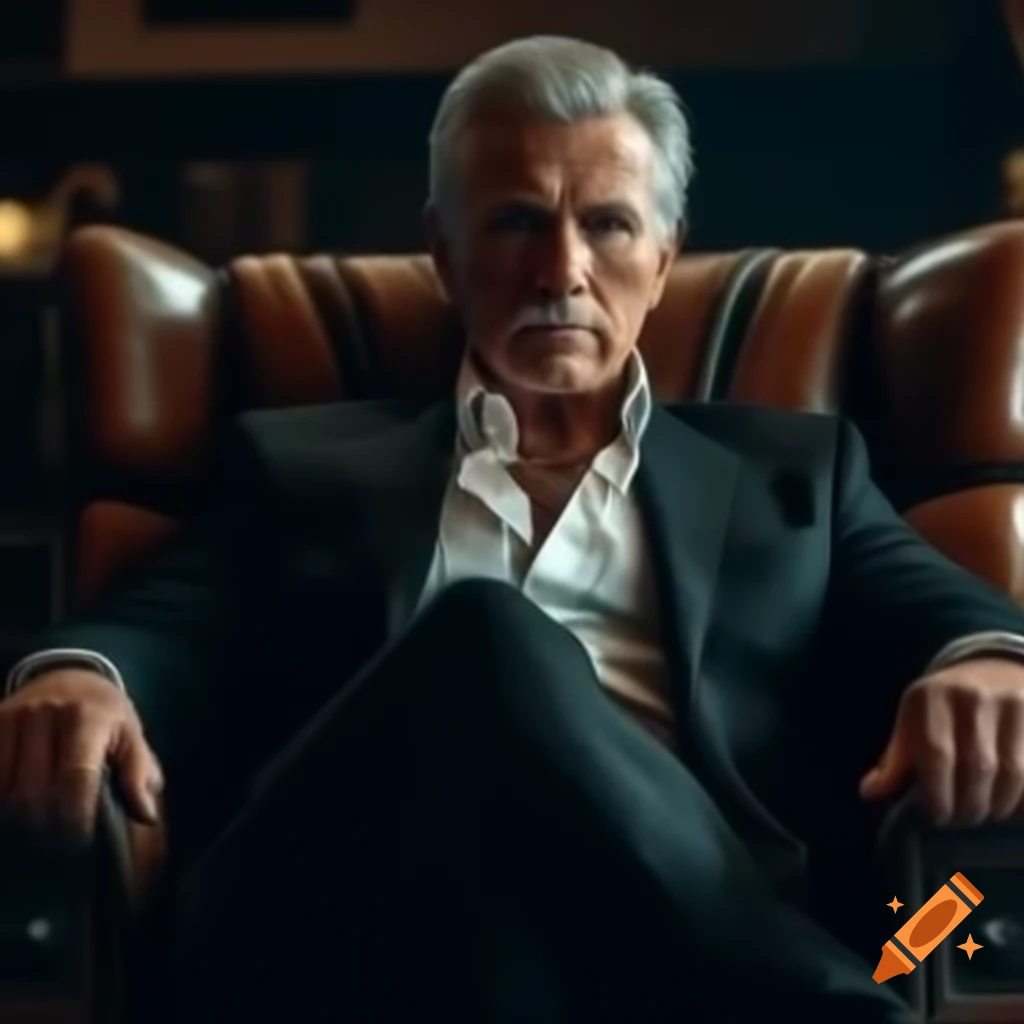 Mafia boss in black suit with serious expression sitting on leather ...