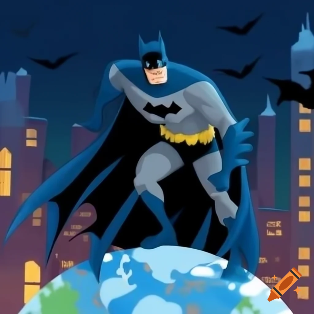 Cartoon Batman in snow globe with Batmobile and Gotham city backdrop on ...