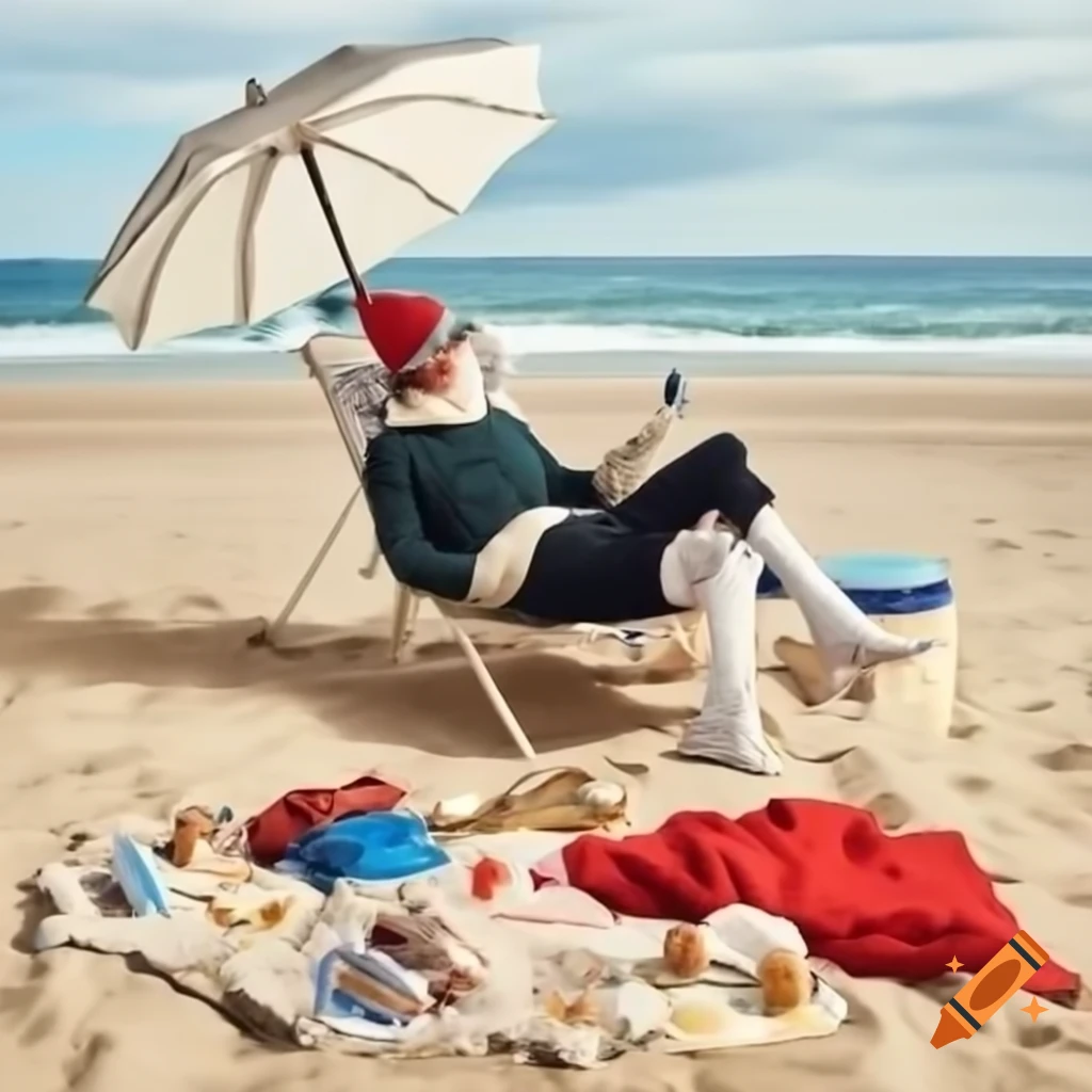 Person in winter clothing sunbathing on a summer beach on Craiyon