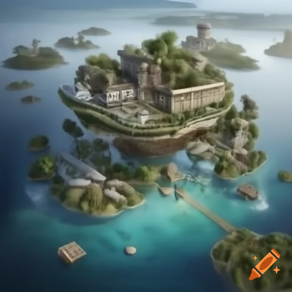 Archipelago of floating islands with ancient Greek inspired city on ...