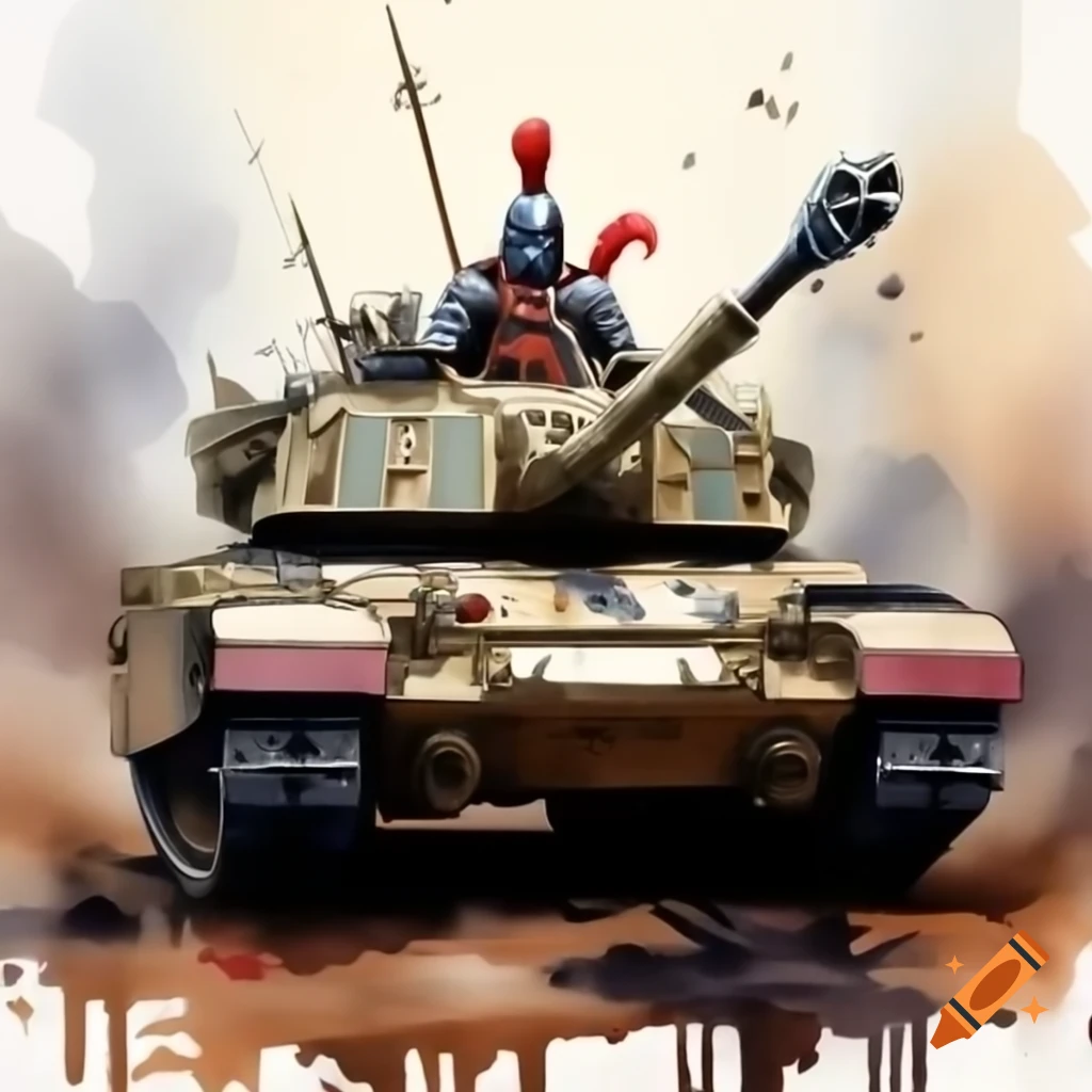 Medieval knight in armor riding modern military tank, holding lance on ...