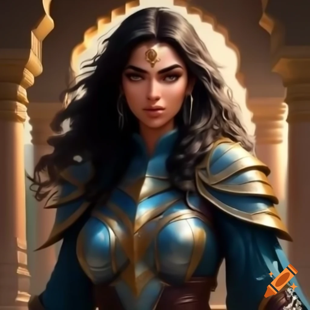 Persian warrior woman in ornate armor standing confidently in golden ...