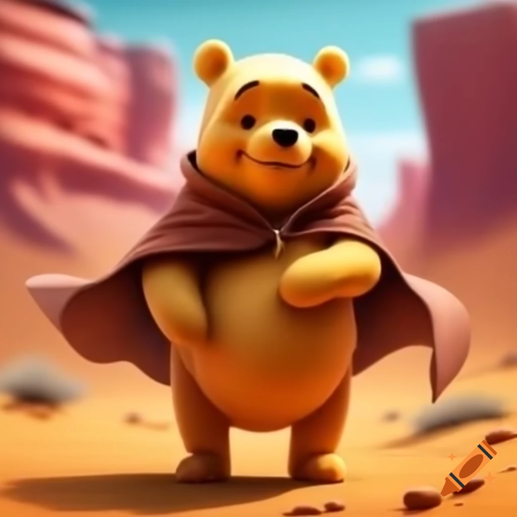 Winnie the Pooh in brown cape with desert background, avatar style on ...