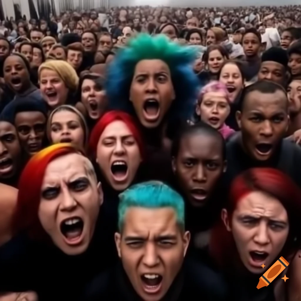 Angry diverse crowd with dyed hair and piercings on Craiyon