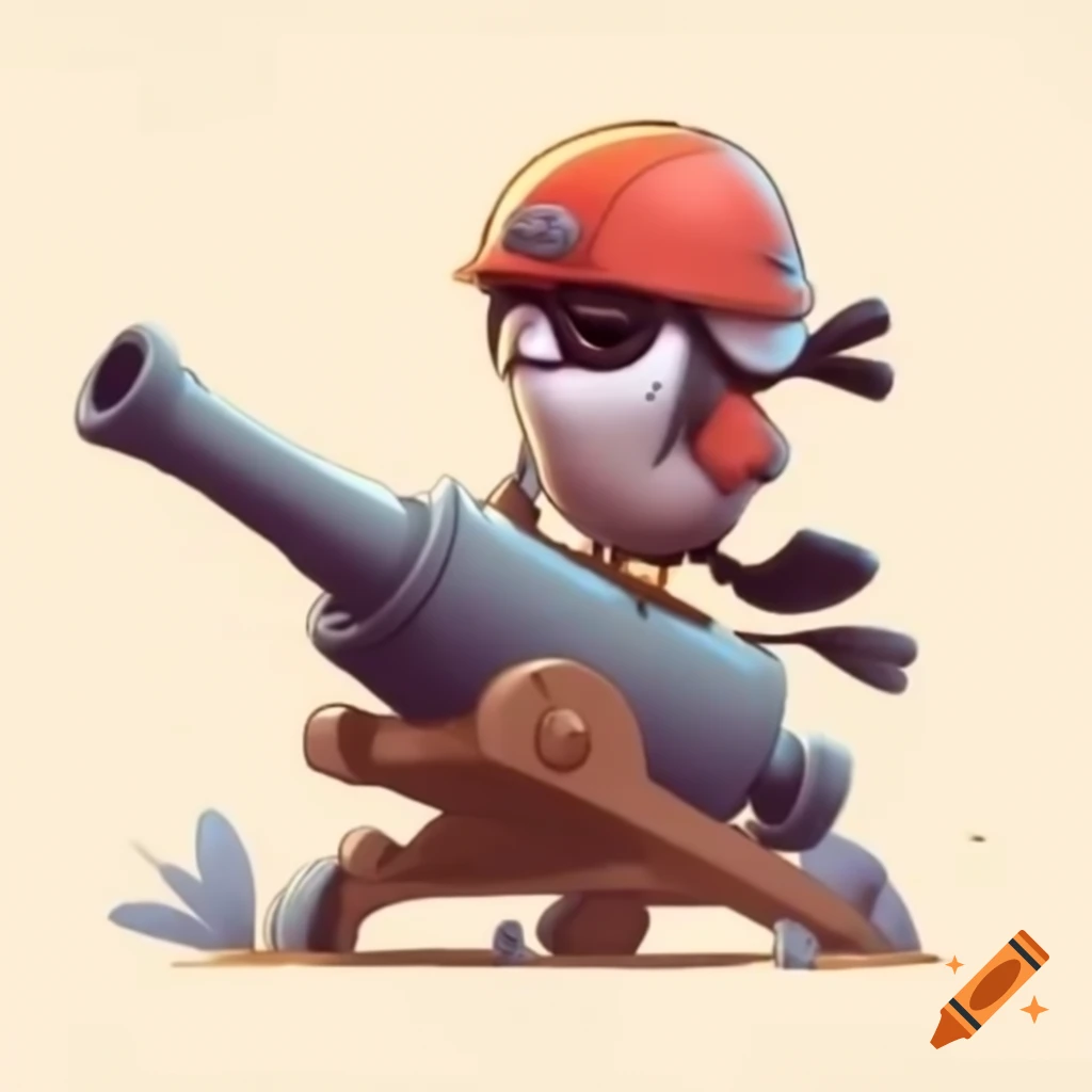 Cartoon stunt man sparrow holding helmet inside cannon on Craiyon