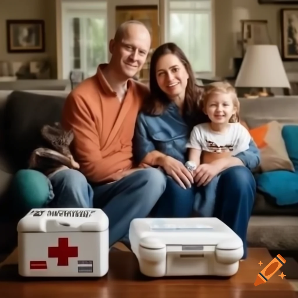 Family at home with first aid kit and CPR infographic on Craiyon