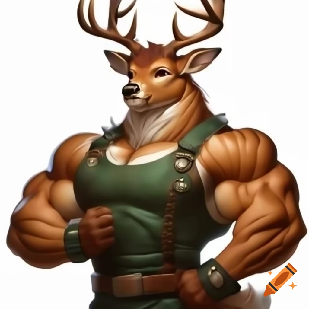 Muscular anthro deer in military clothing flexing biceps confidently on ...