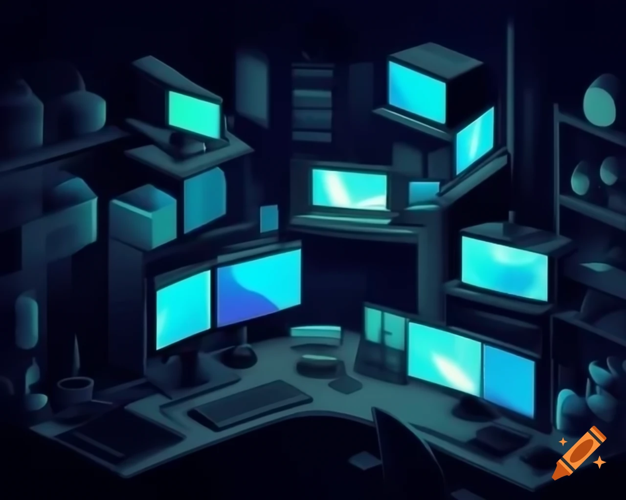 Dark room filled with computers and cyan lights resembling a laboratory ...