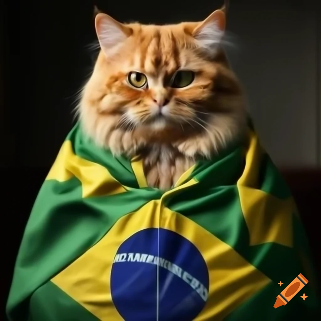 Realistic orange cat holding Brazilian flag on Craiyon