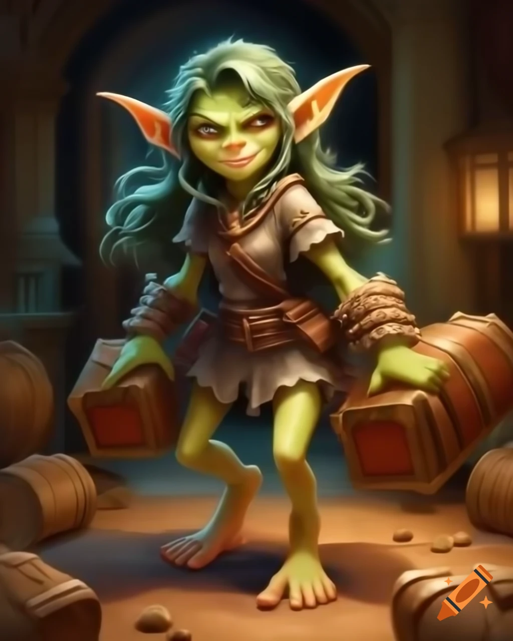 Playful female goblin thief searching for treasure in mansion, anime ...