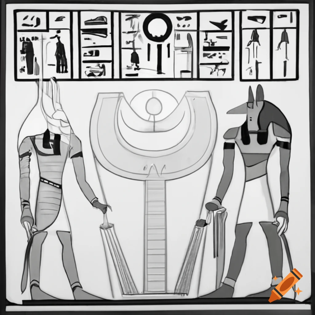 Pencil outline drawing of ancient Egyptian wall paintings depicting ...