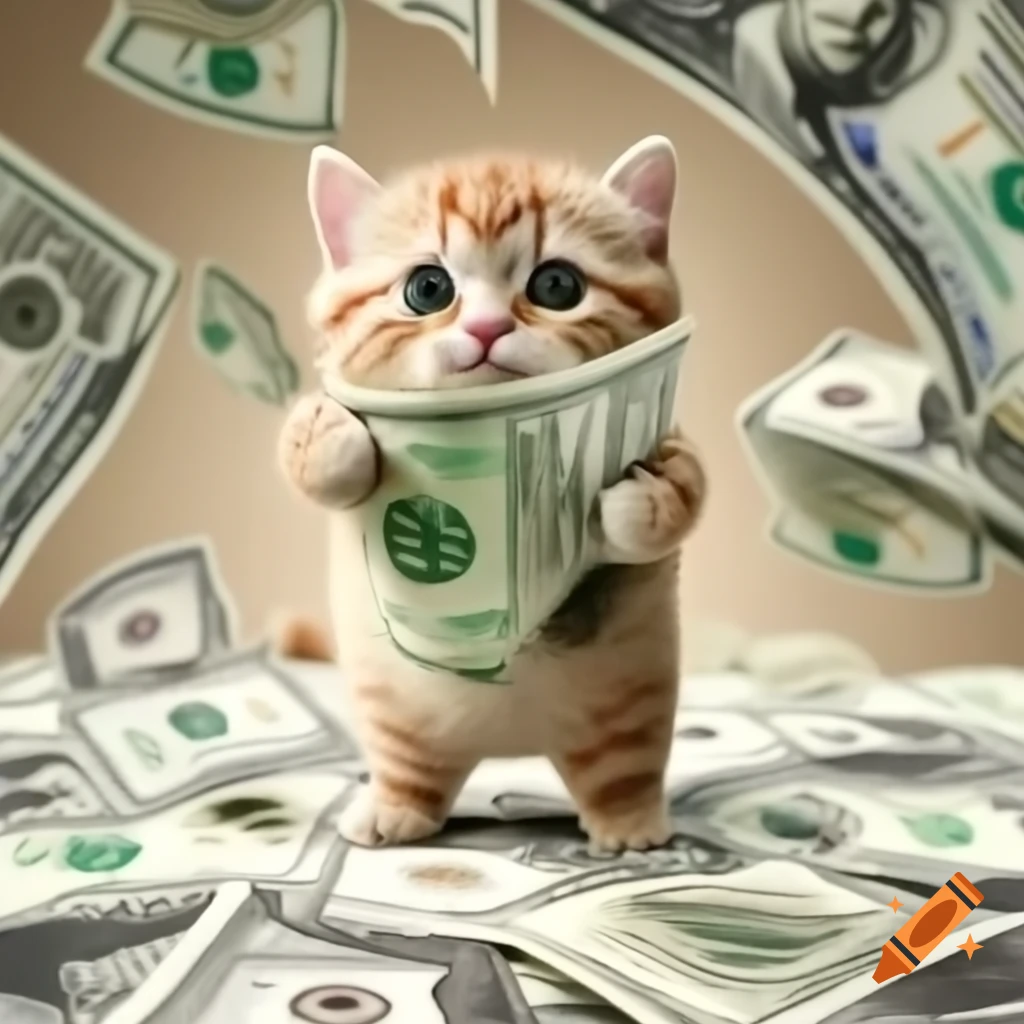 Playful cat holding stack of cash with a generous expression on Craiyon