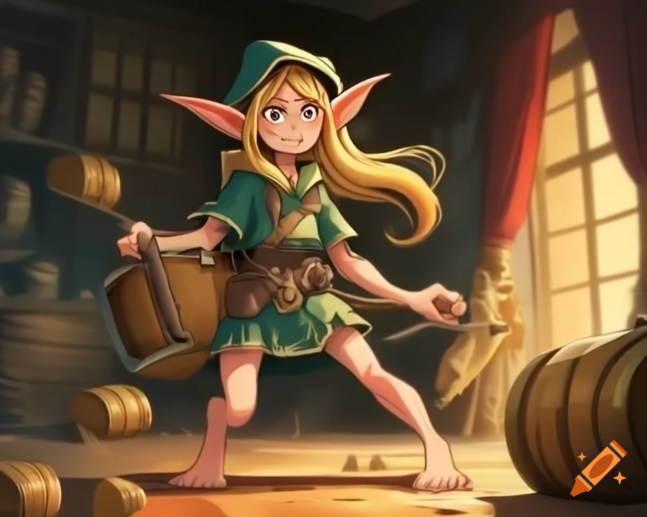 Playful female goblin thief searching for treasure in mansion, anime ...