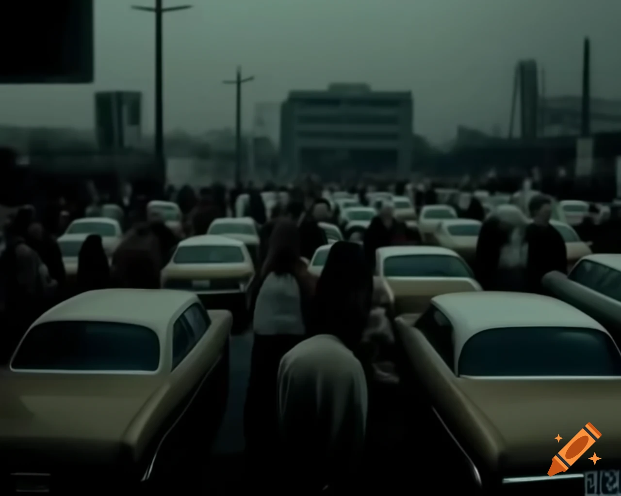 Crowd with cars in front of large ominous buildings on Craiyon