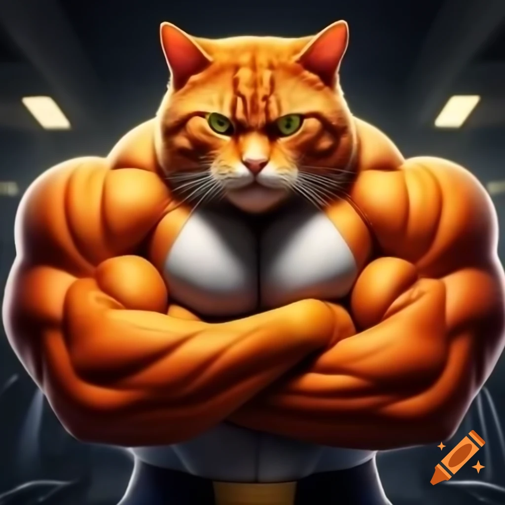 Muscular orange cat exercising in a gym, AI animated on Craiyon