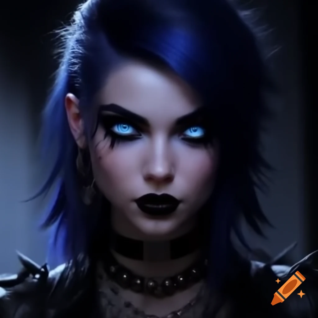 Rebellious punk woman with blue eyes and raven hair on Craiyon