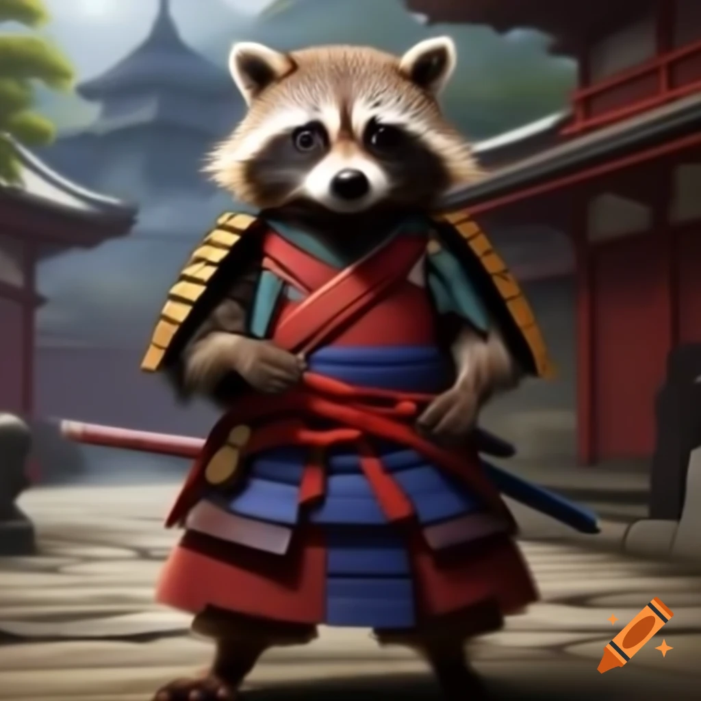 Orange raccoon in samurai armor in Japanese courtyard on Craiyon