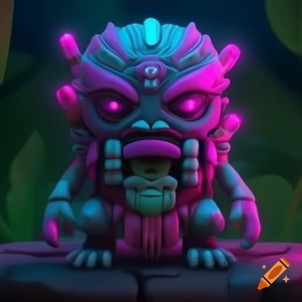 Tiki warrior creature in neon and techno jungle with Aztec stone ...
