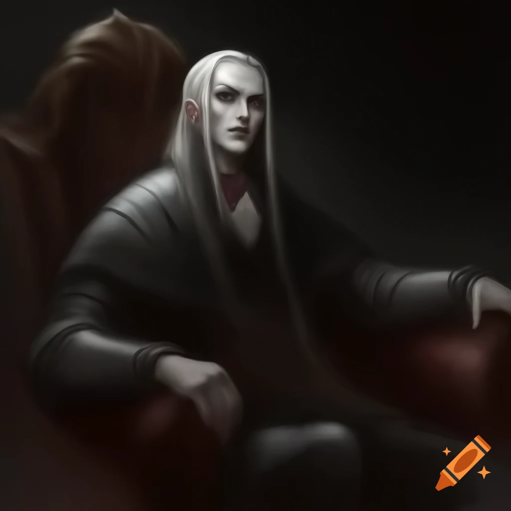 Medieval vampire seated in chair, 15th century Russia, black and white ...