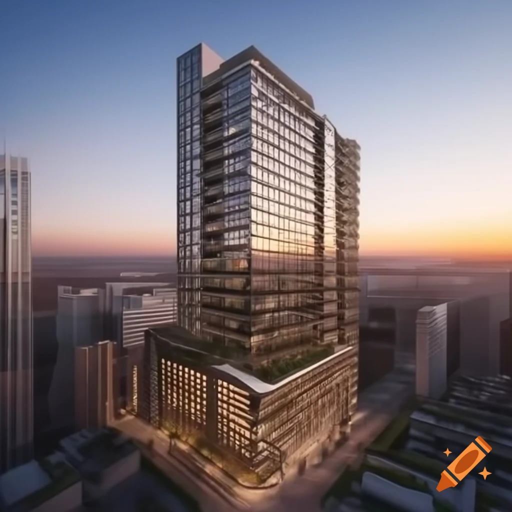 Modern luxury high-rise apartment building at sunset in city skyline on ...