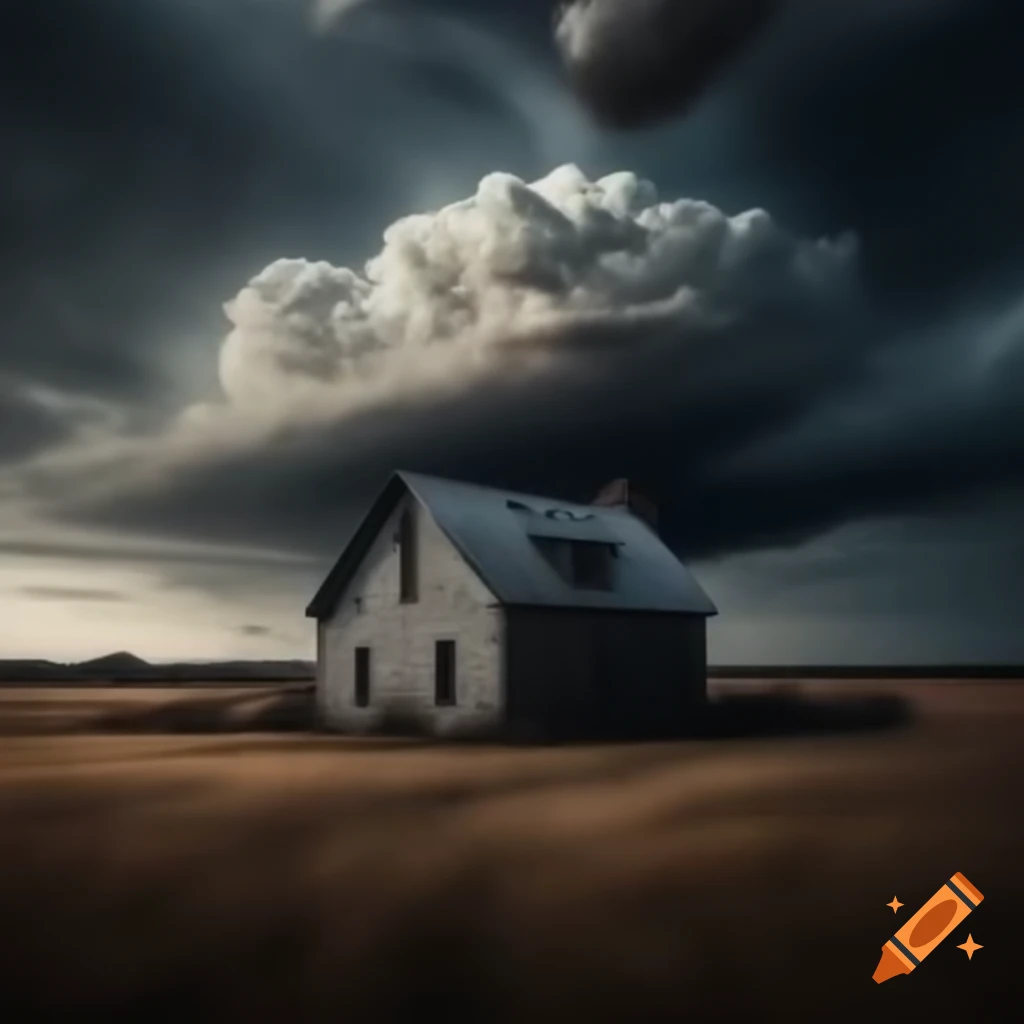 Ominous farmhouse under dark clouds during midday on Craiyon