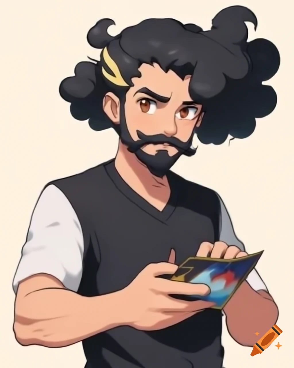 Anime-style Pokemon trainer card featuring male trainer with curly hair ...