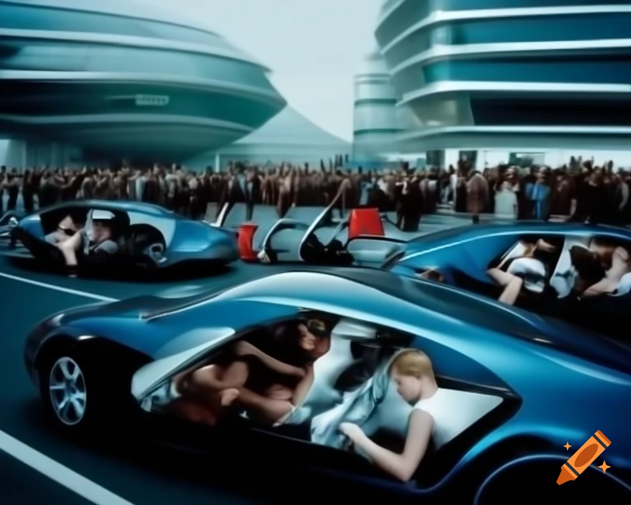 Crowd of futuristic individuals driving advanced vehicles near modern ...