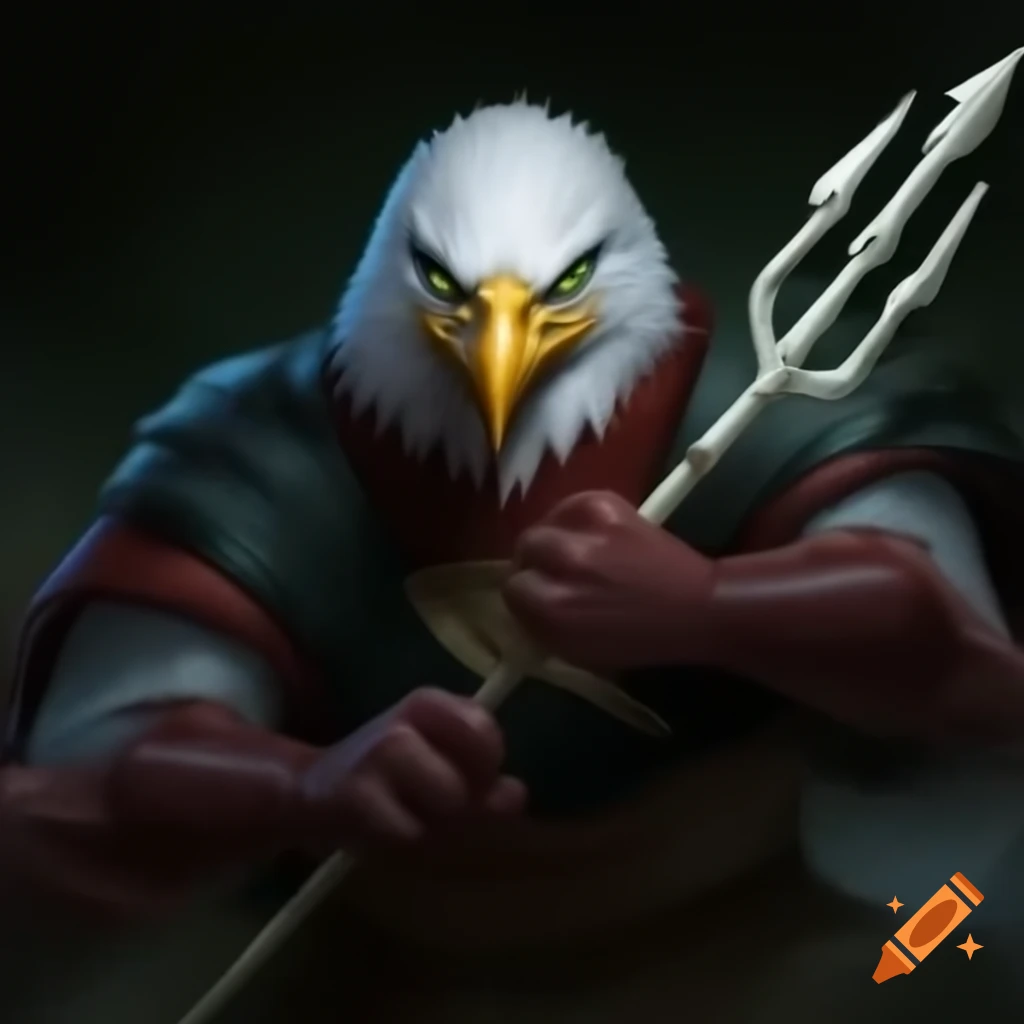 Bald Eagle Bird-Person with bone trident in menacing pose on Craiyon