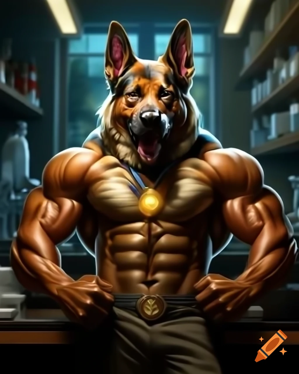 Anthro German shepherd with muscular physique flexing in a lab on Craiyon