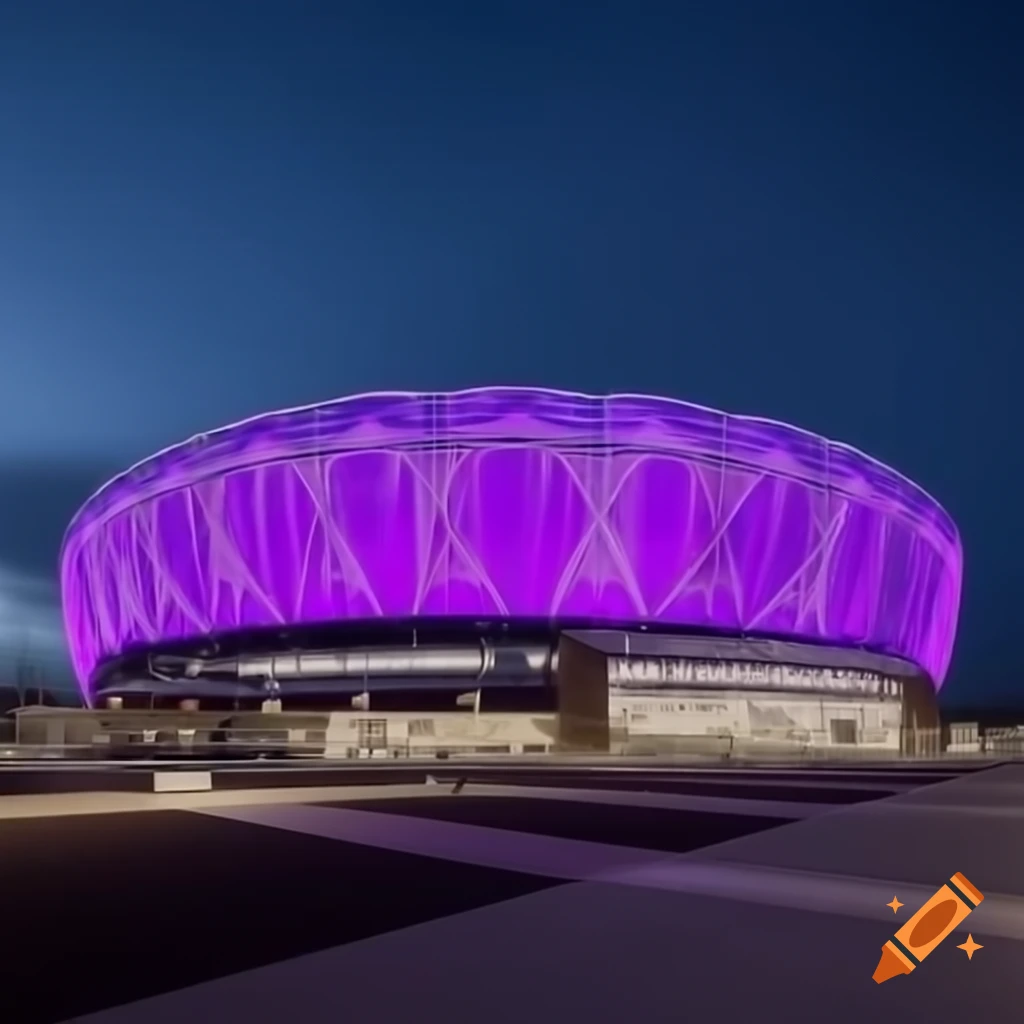 Futuristic Helmsley arena with purple lights and large windows on Craiyon