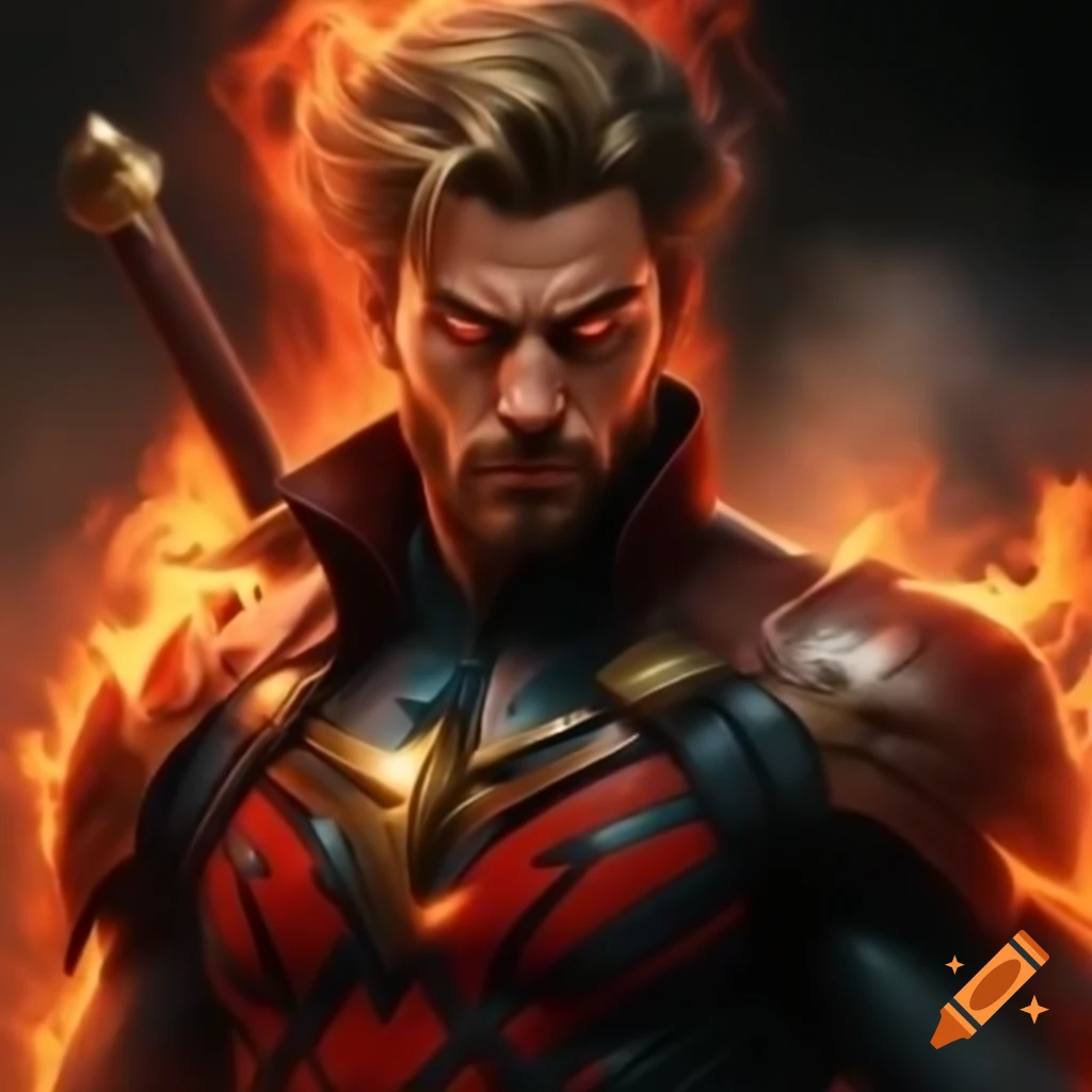 Valiant superhero with flame-like hair and glowing eyes wielding a ...