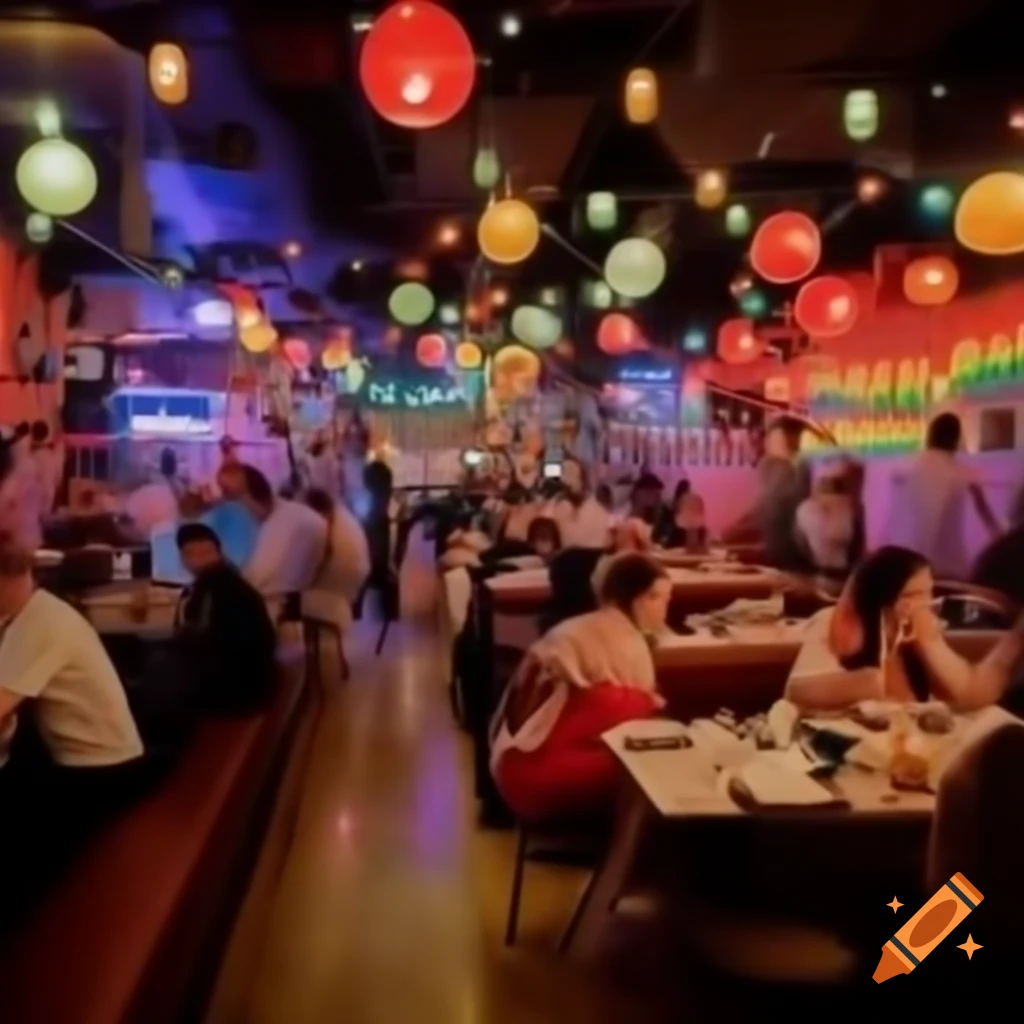 Colorful restaurant interior with people dining on playful dishes and ...