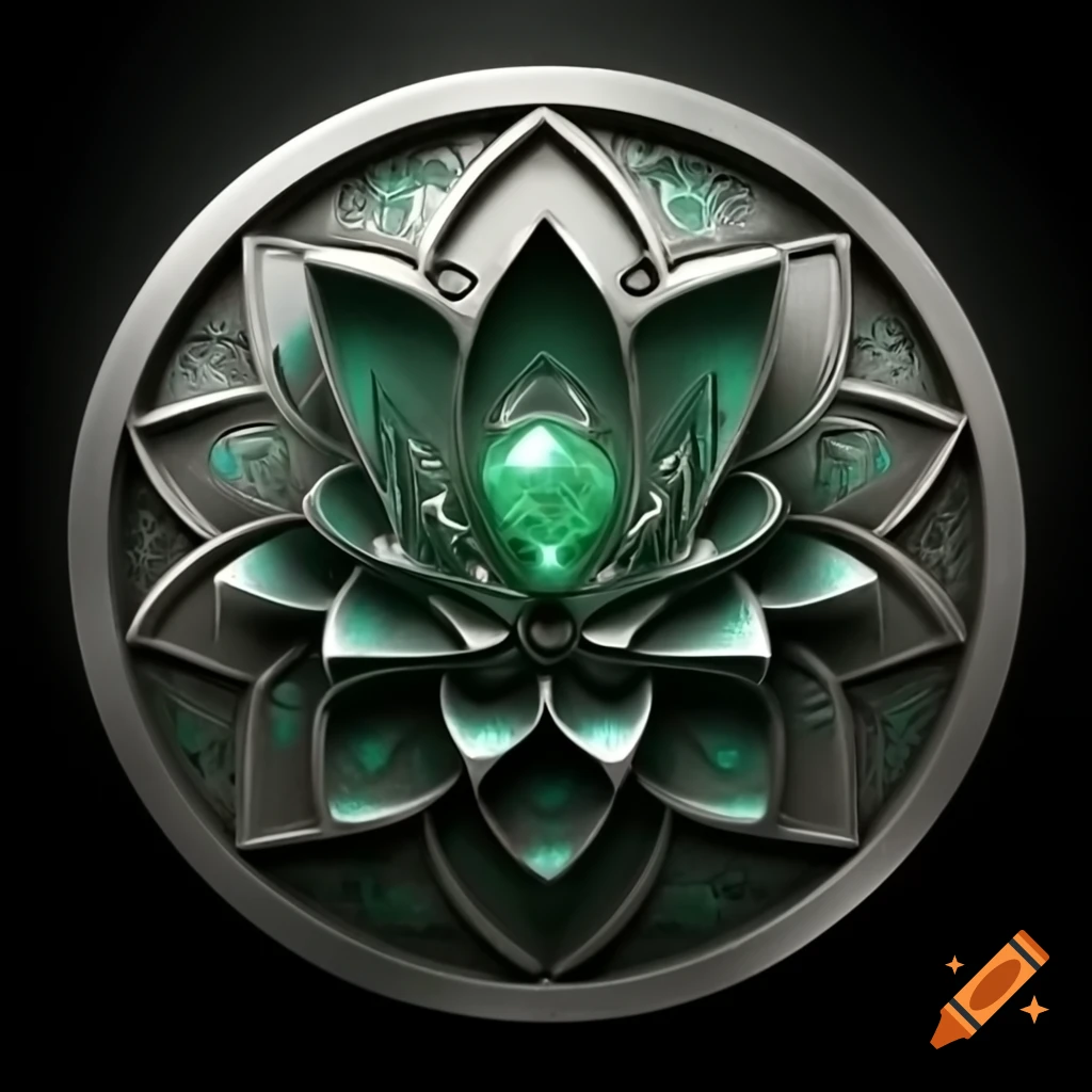 Circular silver emblem with engraved lotus flower and emerald accents ...