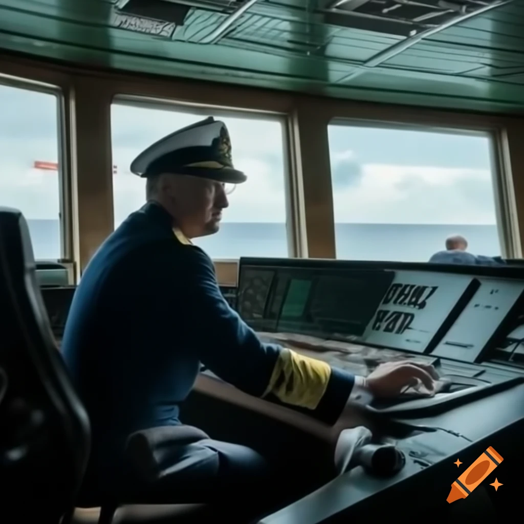 Ship captain at bridge gazing into the sea with console and wheel in ...