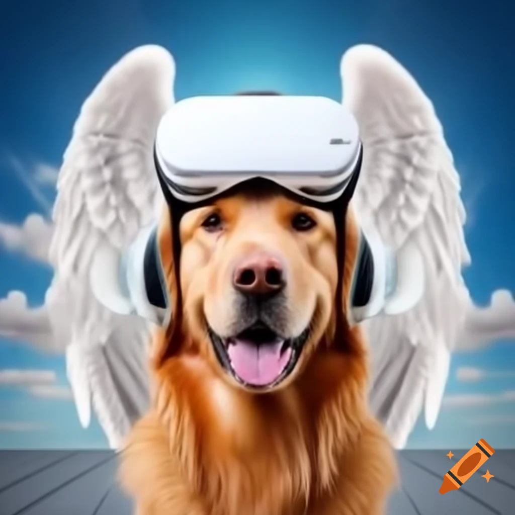 Golden retriever wearing virtual reality headset with angel wings on ...