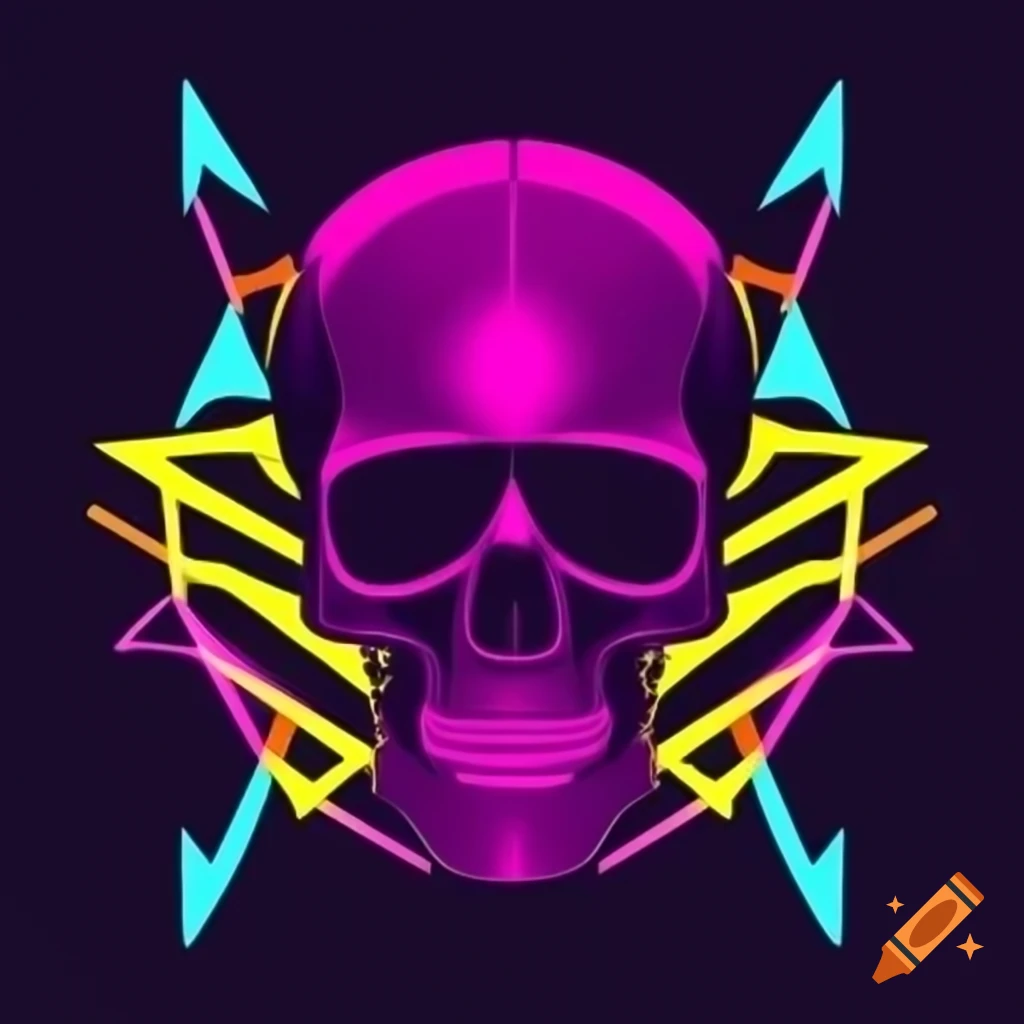 Skull design featuring 90's pop art geometric shapes in bright neon ...