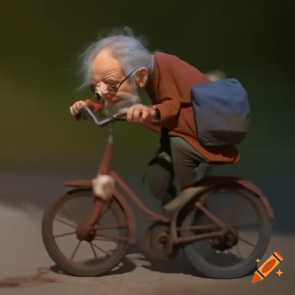 Exhausted old man with droopy face riding rusty bike on Craiyon