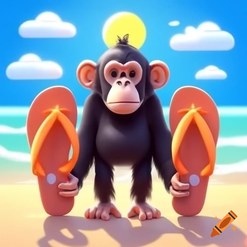 Chimpanzee wearing orange sandals on a beach under a blue sky on Craiyon