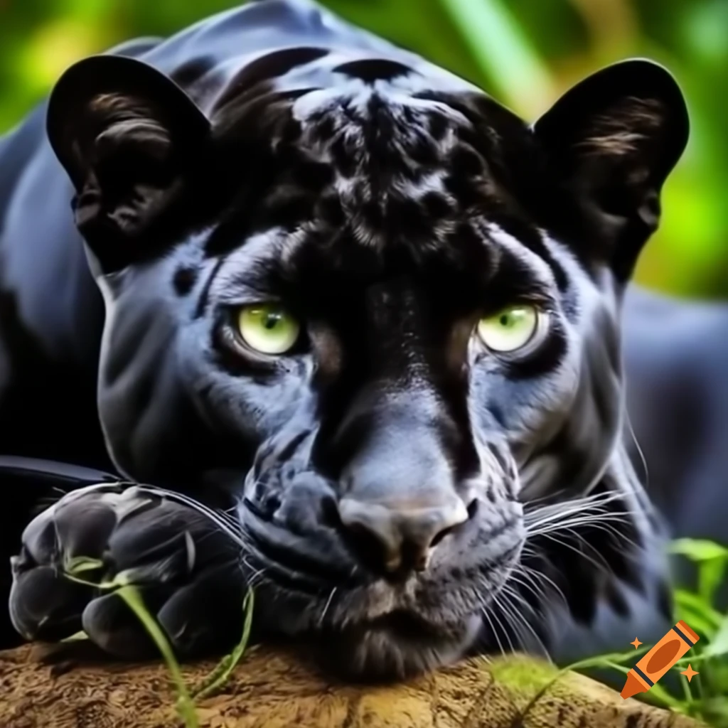 Black panther lying down with intense eyes, showing calm demeanor on ...