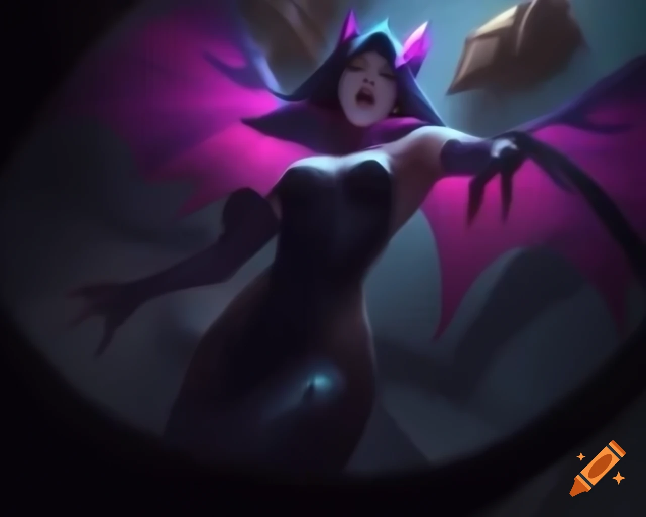 Morgana, the Fallen Angel from League of Legends, with shadows and magic on Craiyon