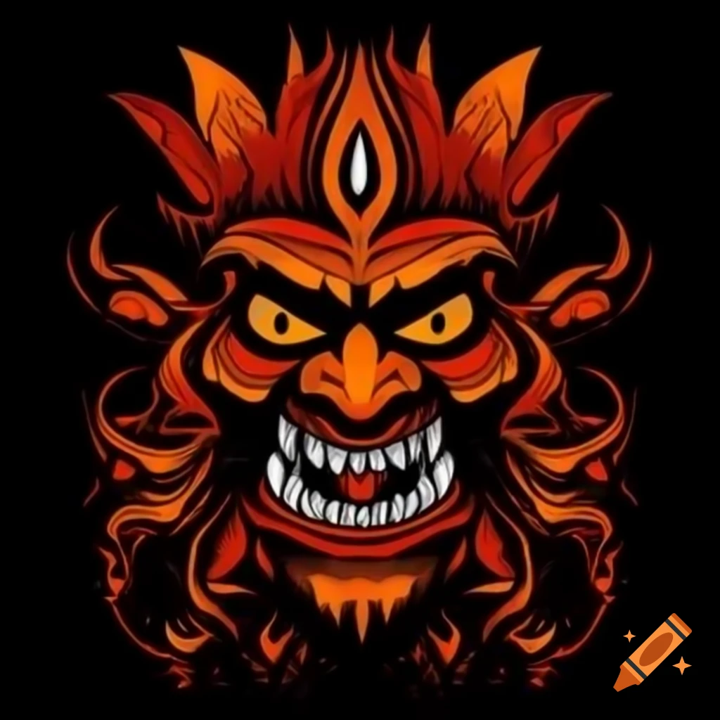 Fierce Theyyam figure in vector style with intense expression and fiery ...
