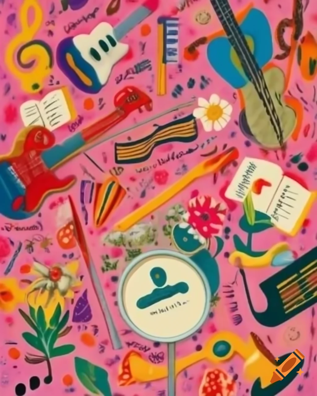 60s style background with swirly flowers, colorful musical notes, and ...